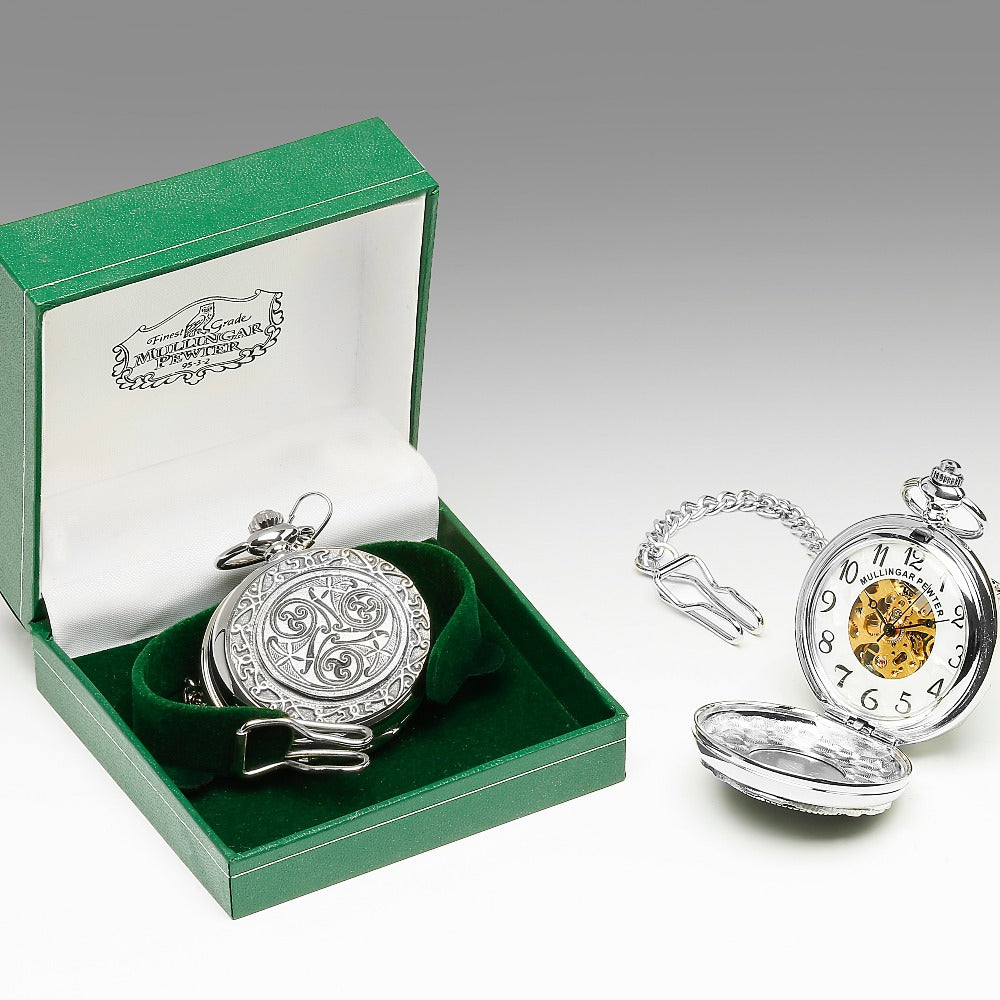 Gents Mechanical Pewter Pocket Watch Celtic Ireland Claddagh Shamrock ...