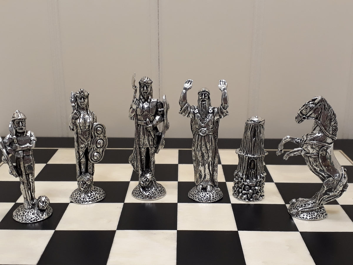 Mullingar Pewter Mythical Chess Set with Wood Board